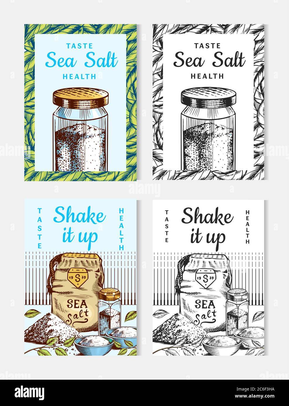 Sea salt posters and banners. Vintage labels. Glass bottles, packaging ...