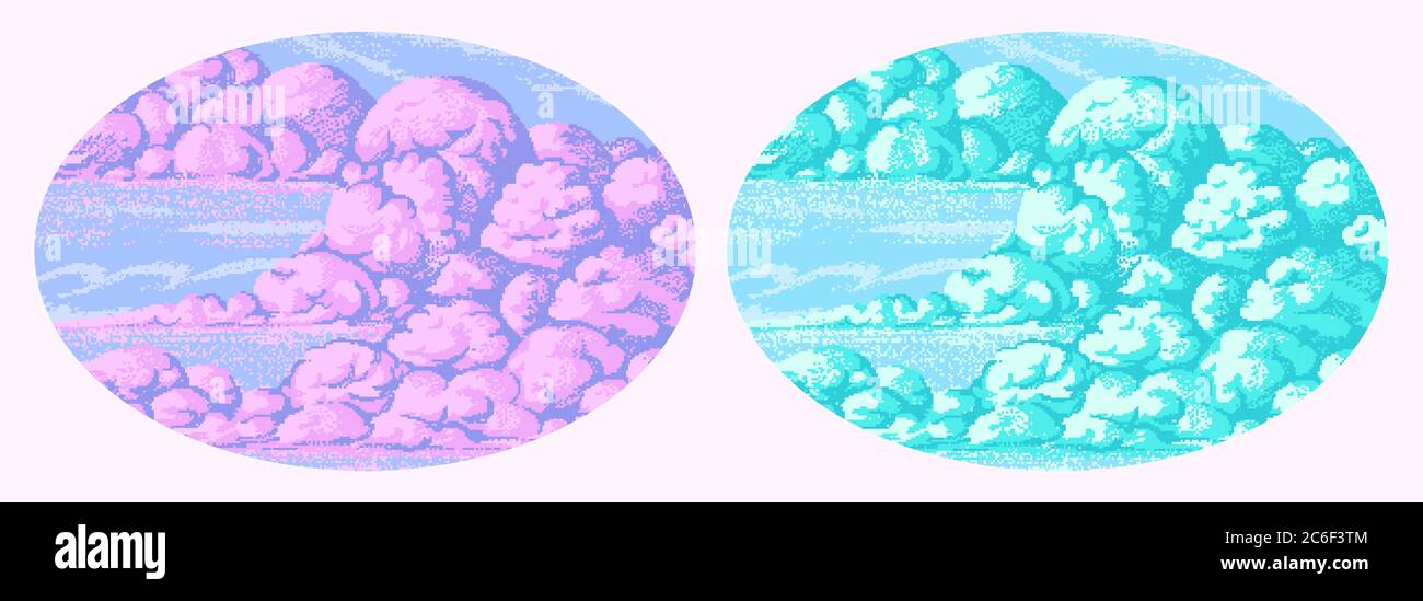 Pixel art clouds. 8 bit objects. Pink magic sky background. Retro game ...