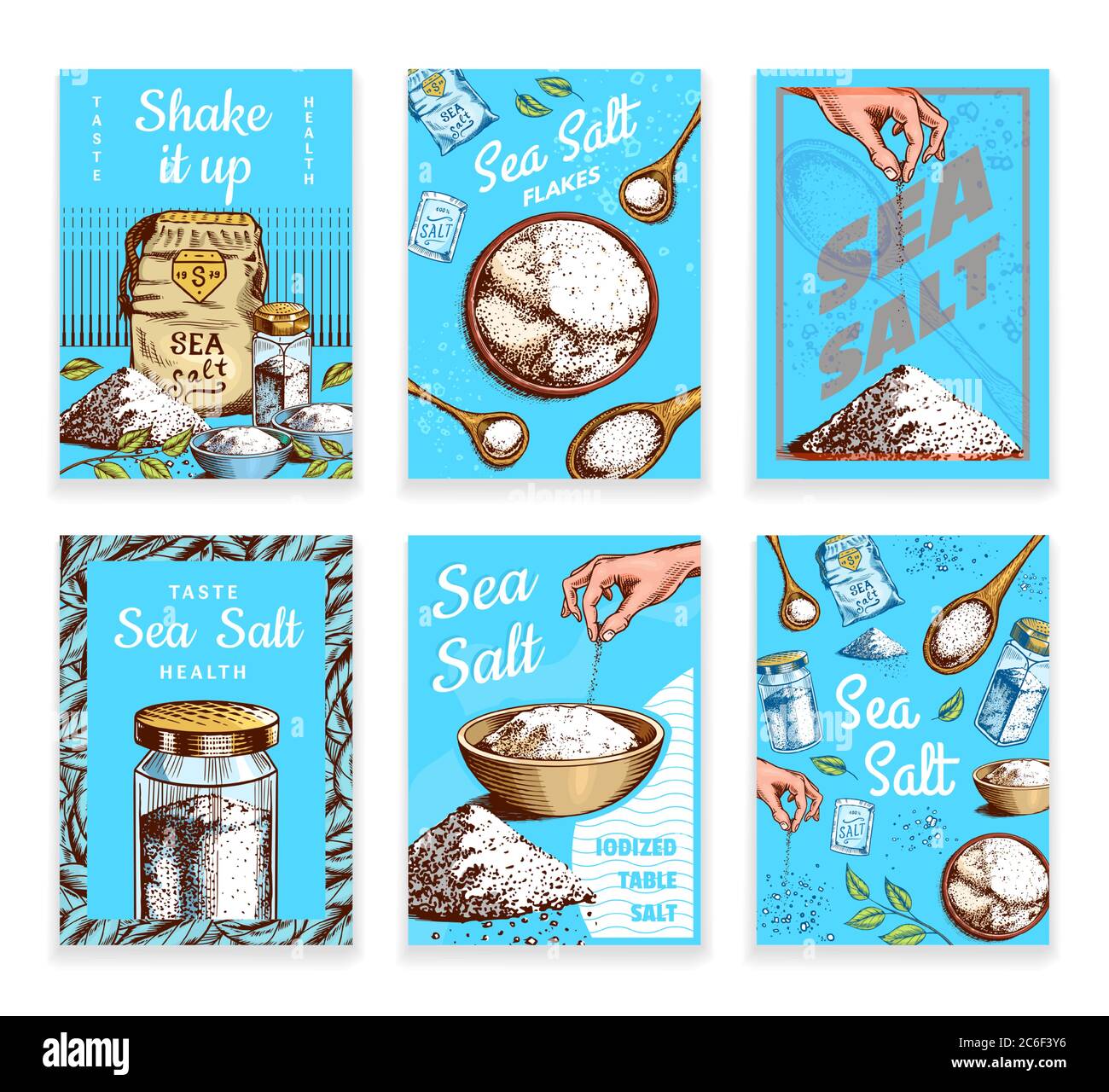 Sea salt posters and banners. Vintage labels. Glass bottles, packaging ...