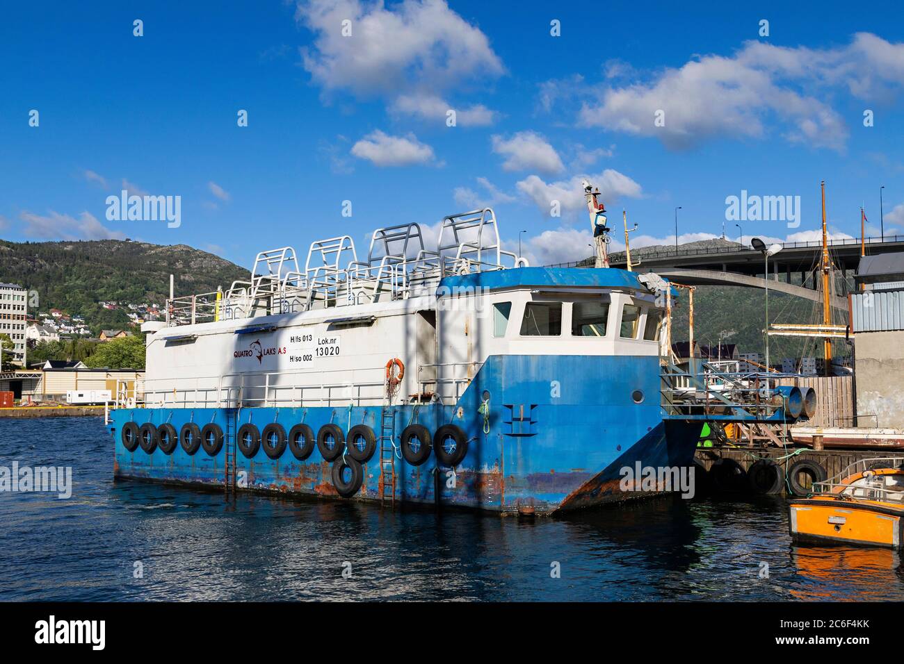 Work boat for fish farming, at shipyard in Damsgaardsundet, in the port ...