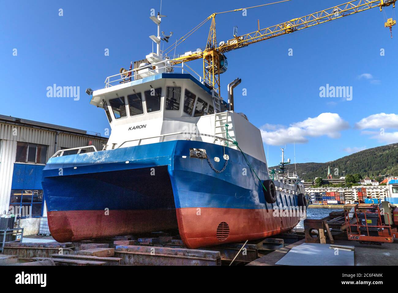 Work catamaran for fish farming, Karon, at shipyard in Damsgaardsundet ...