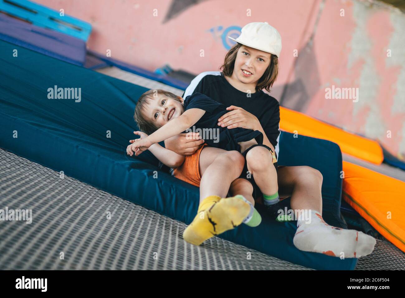 Two happy emotions children, brothers playing and having fun while ...