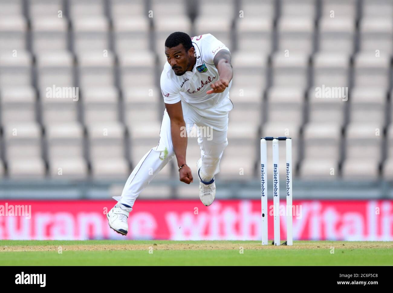 West Indies' Shannon Gabriel bowls during day two of the Test Series at ...
