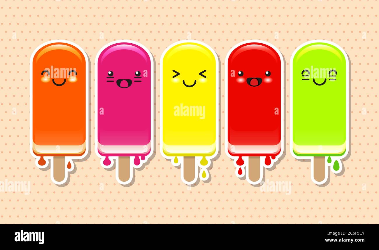 Cute fruit ice lolly stickers with faces on polka dot background. Fruit ...