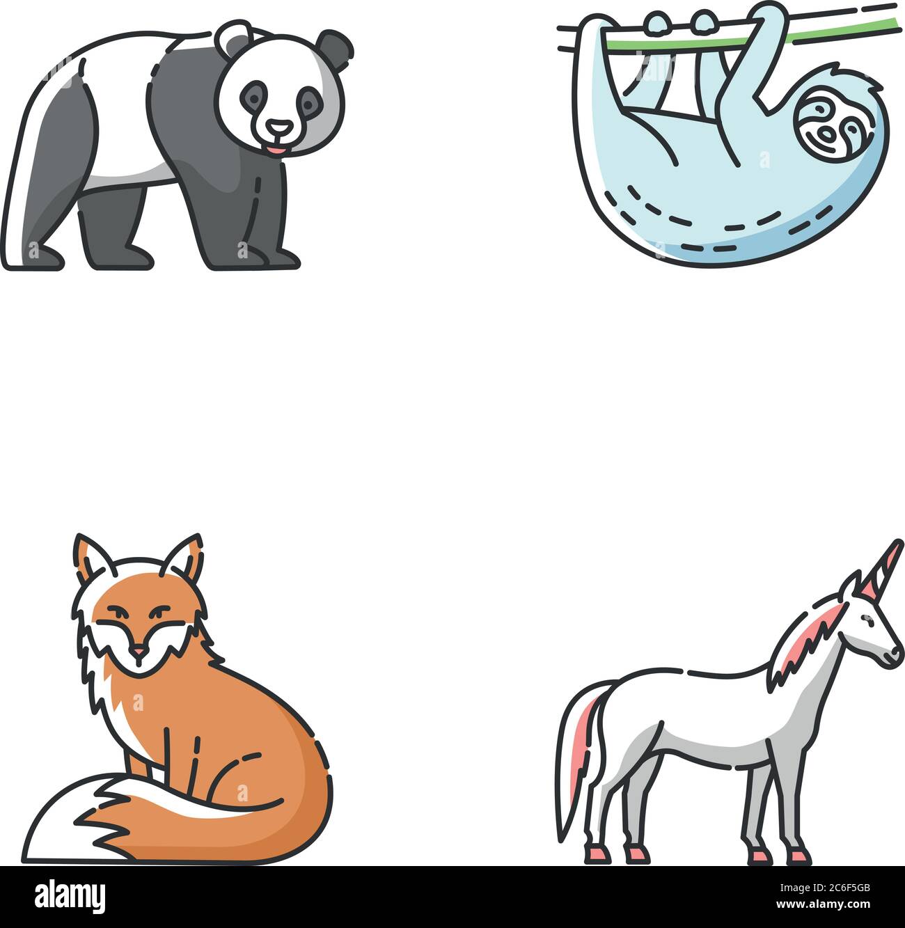 Common and fantasy animals RGB color icons set. Panda bear, sloth, fox ...