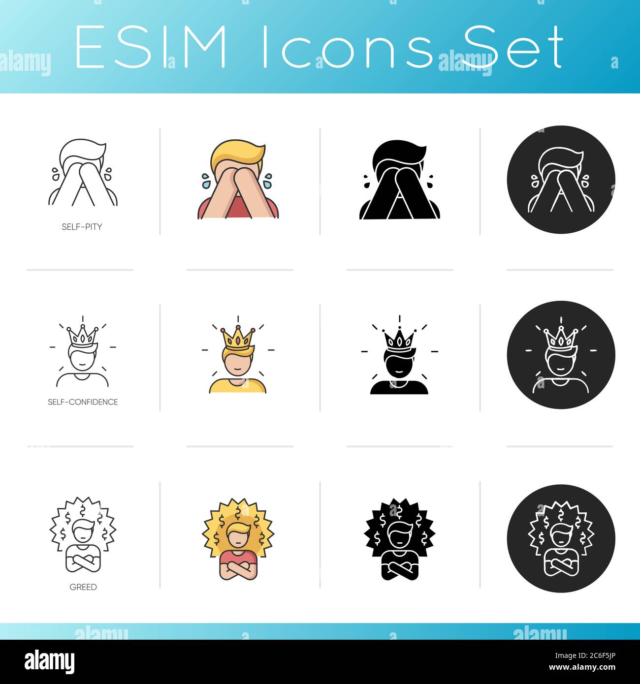 Bad personality traits icons set. Negative qualities, self pity, greed ... Bad personality traits icons set. Negative qualities, self pity, greed ...