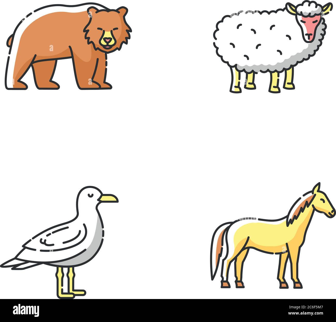 Domestic and wild animals RGB color icons set. Bear, seagull, horse and ...