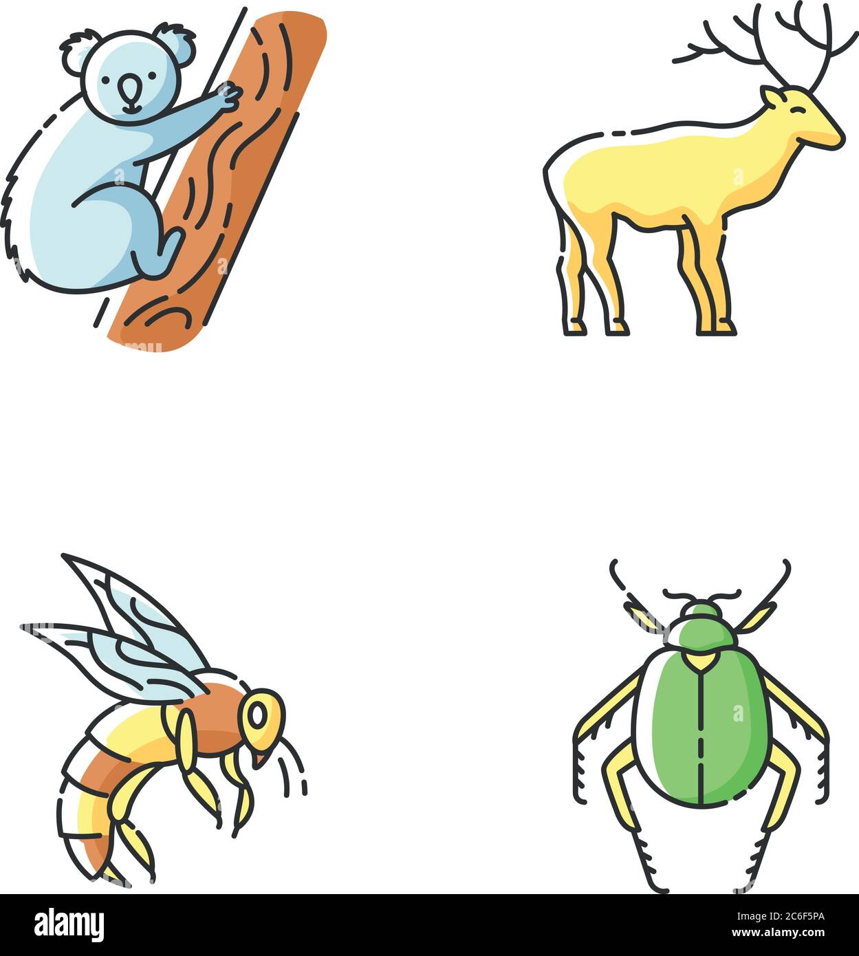Mammals and insects RGB color icons set. Tropical koala, forest deer ...