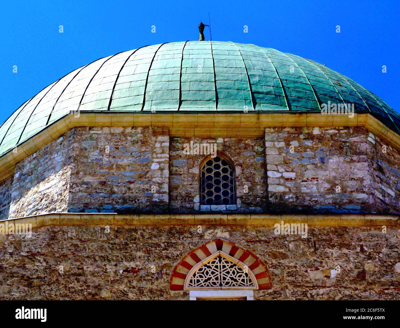 Green copper cupola on the Pasha Qasim Masque in Pecs, Hungary. Ribbed ...