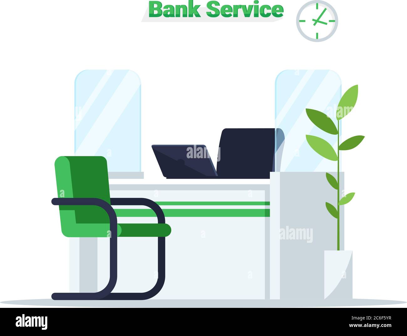 Bank service desk semi flat RGB color vector illustration. Table and ...