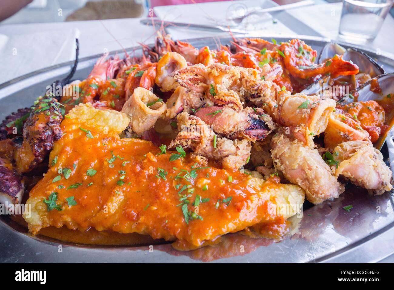 Seafood of Greece and Cyprus speciality on the plate with octopus ...
