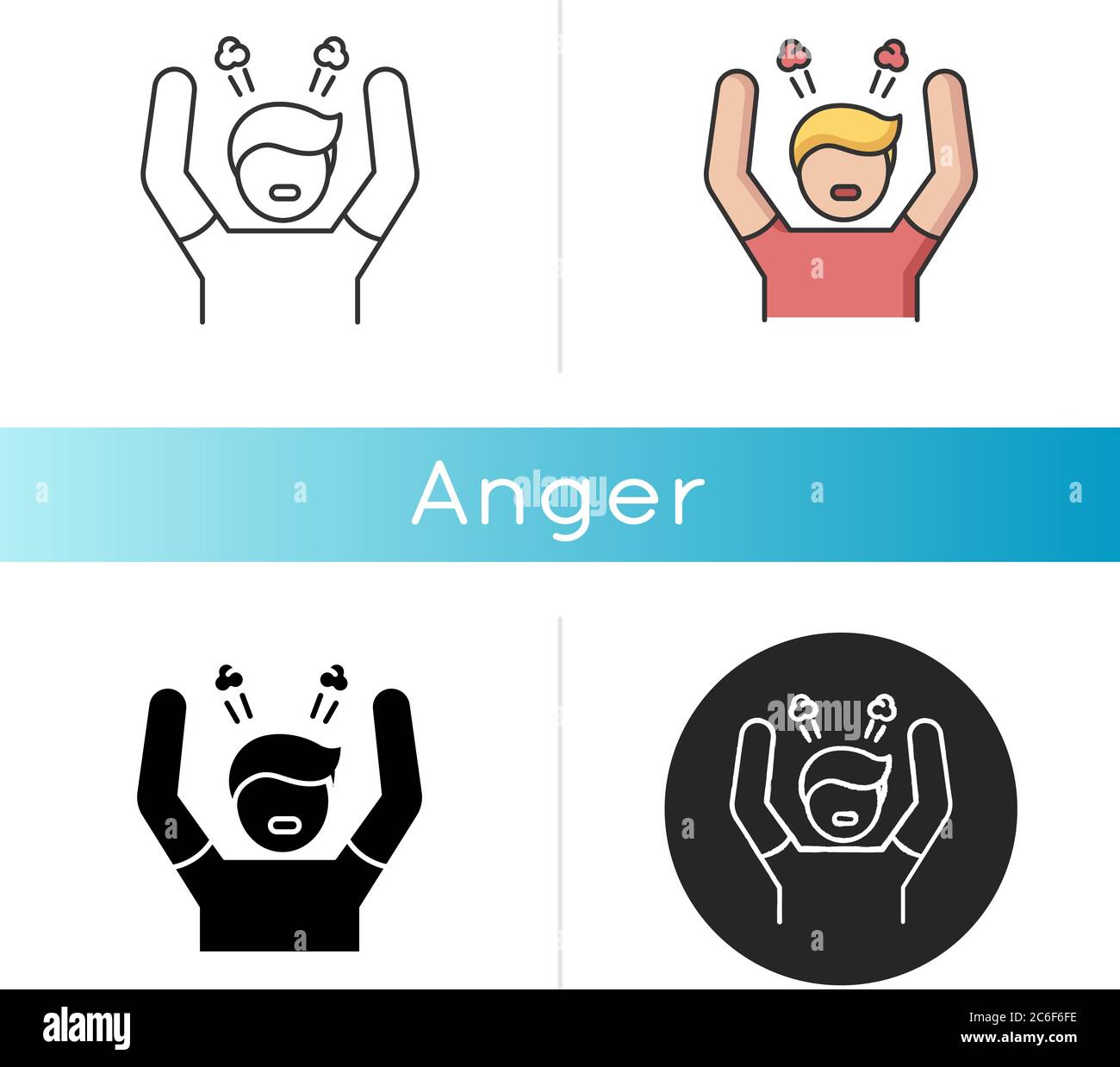 Anger icon. Negative emotion, bad mood. Linear black and RGB color ...
