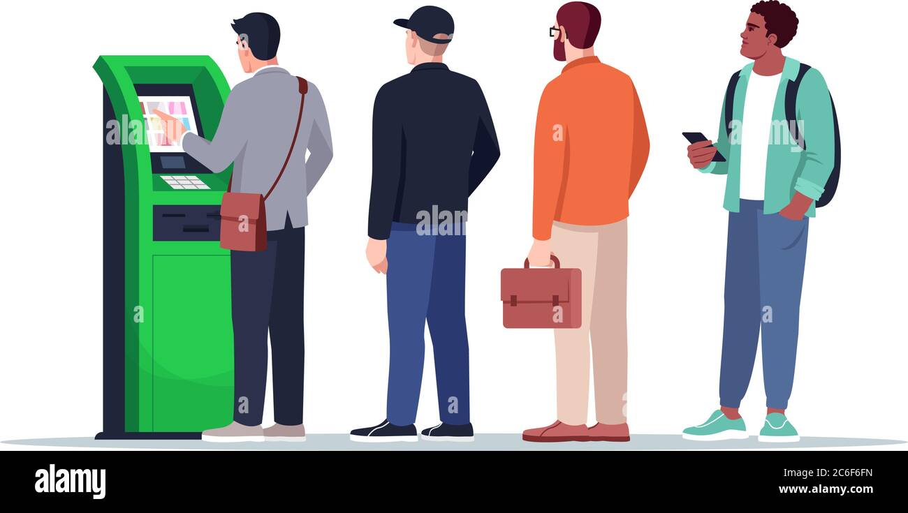 Waiting near ATM semi flat RGB color vector illustration. People queue ...