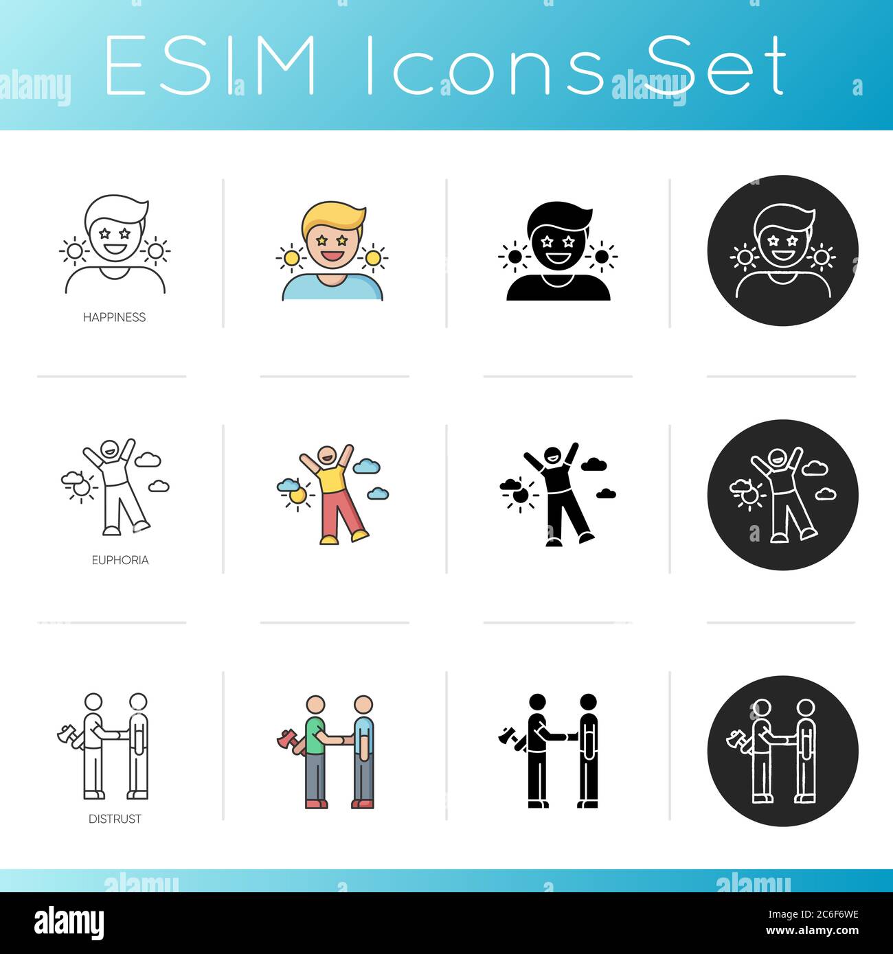 Good feelings and bad qualities icons set. Feelings of happiness ...