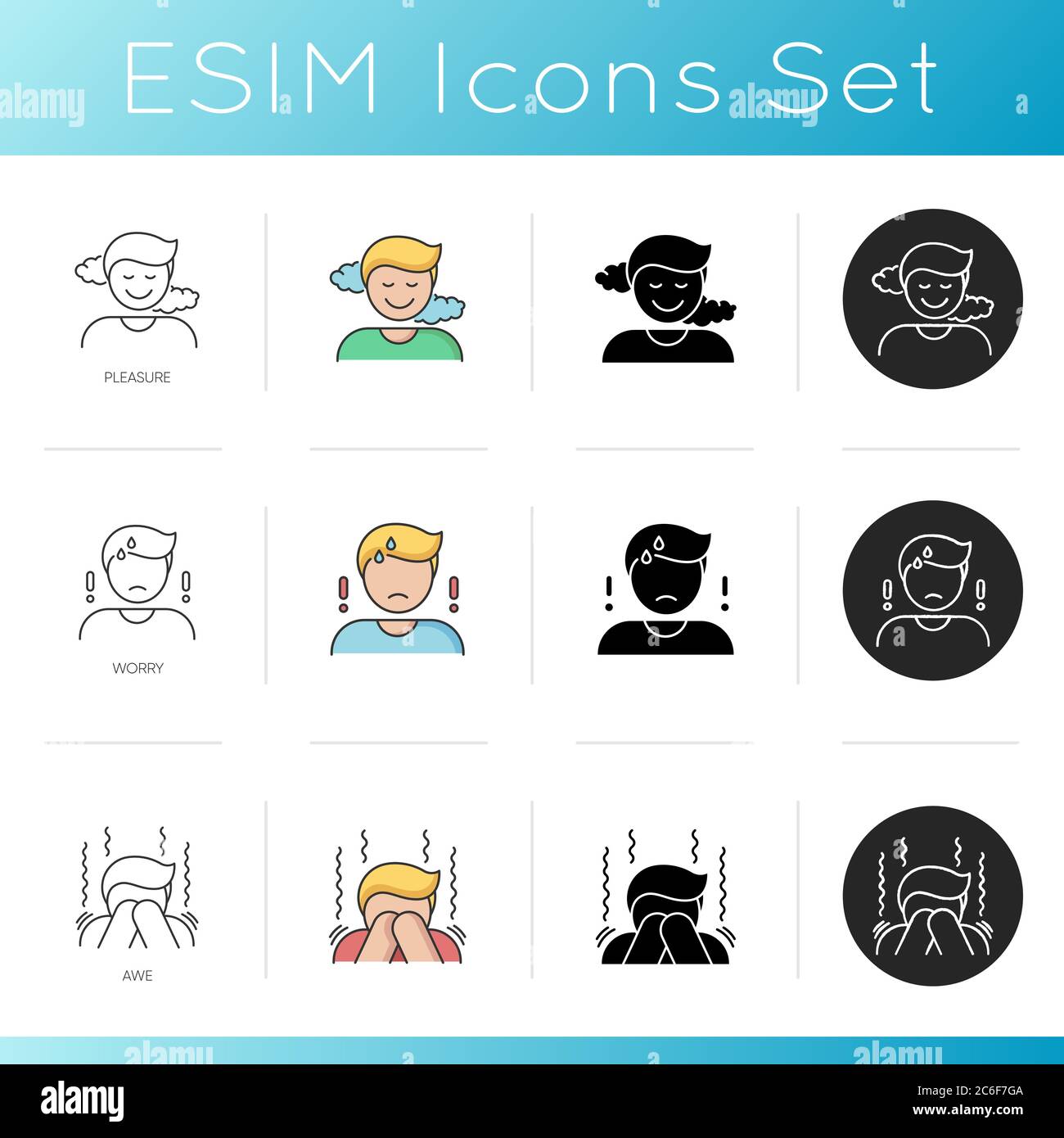 Good and bad emotions icons set. Feelings of pleasure, worry and awe ...