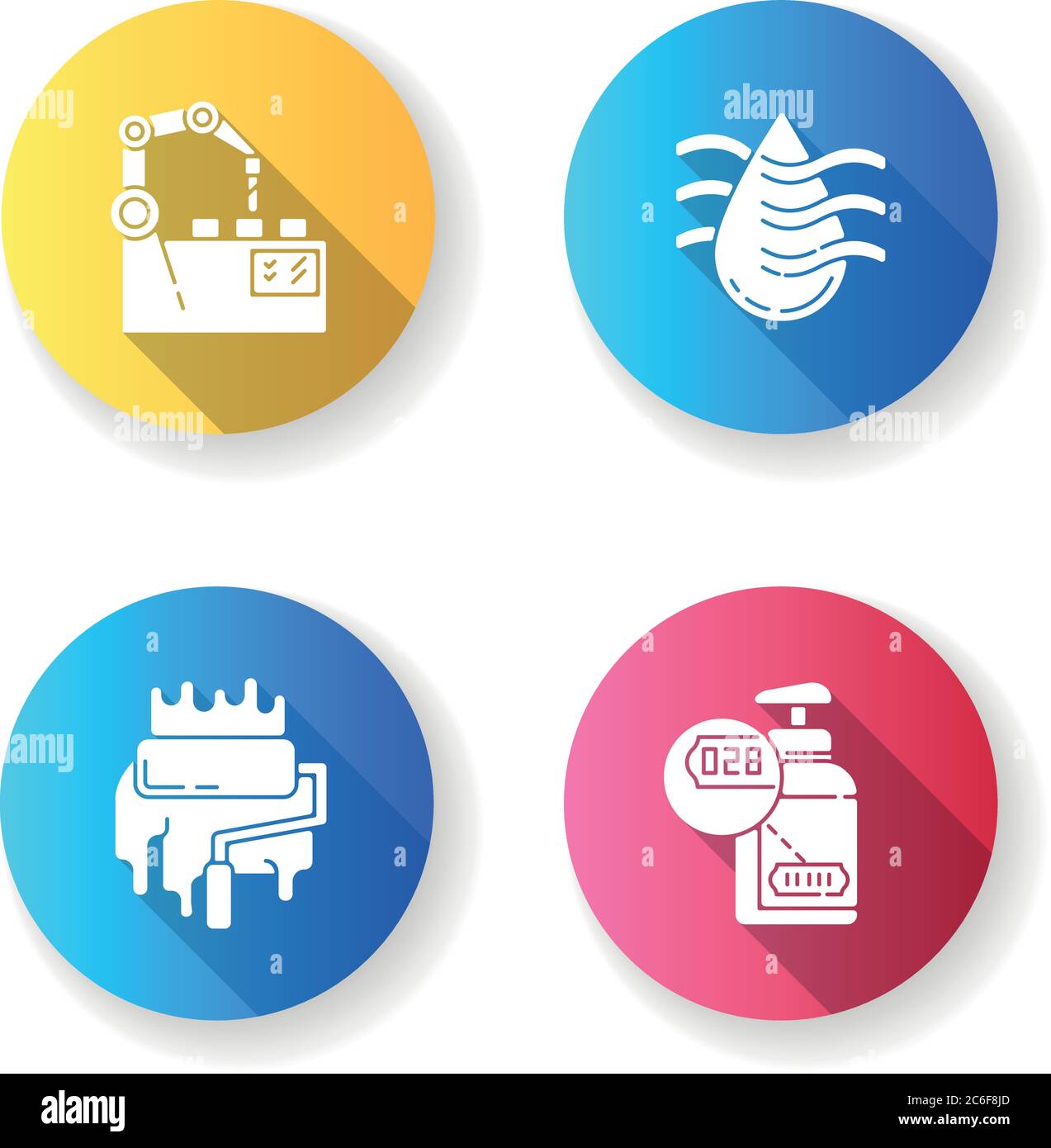 Manufacturing stages flat design long shadow glyph icons set. Computer ...