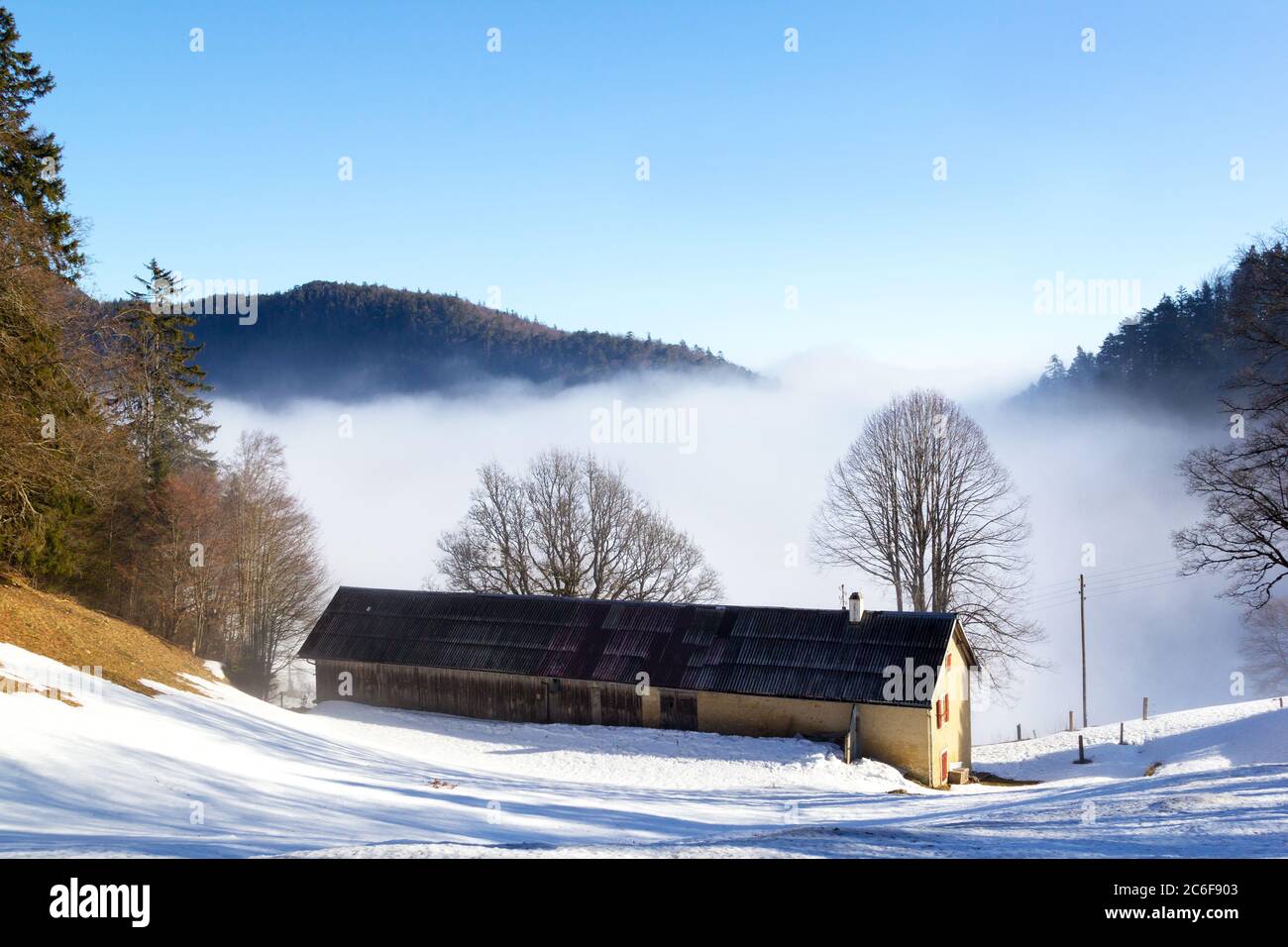 Rising fog in the misty mountain valley with a barn Stock Photo - Alamy