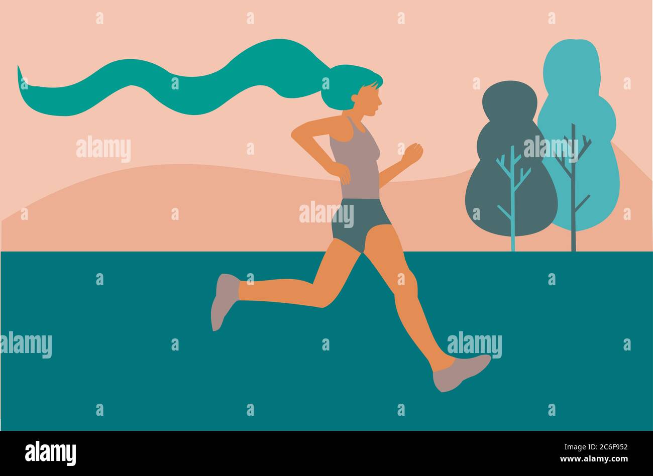 Illustration of a woman running through the fields Stock Photo - Alamy