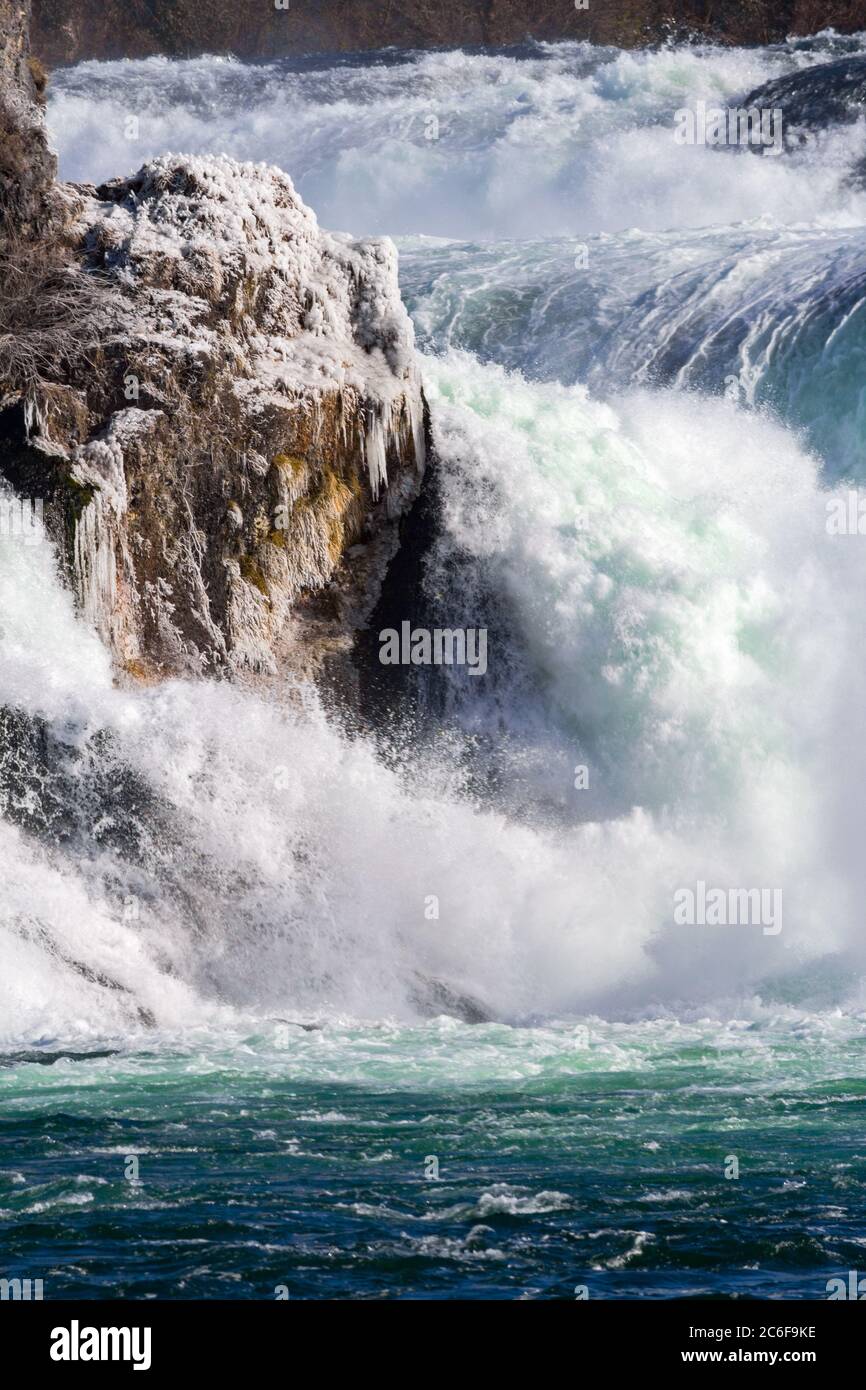 Details of Rhine Falls, the largest waterfalls in Europe, in winter ...