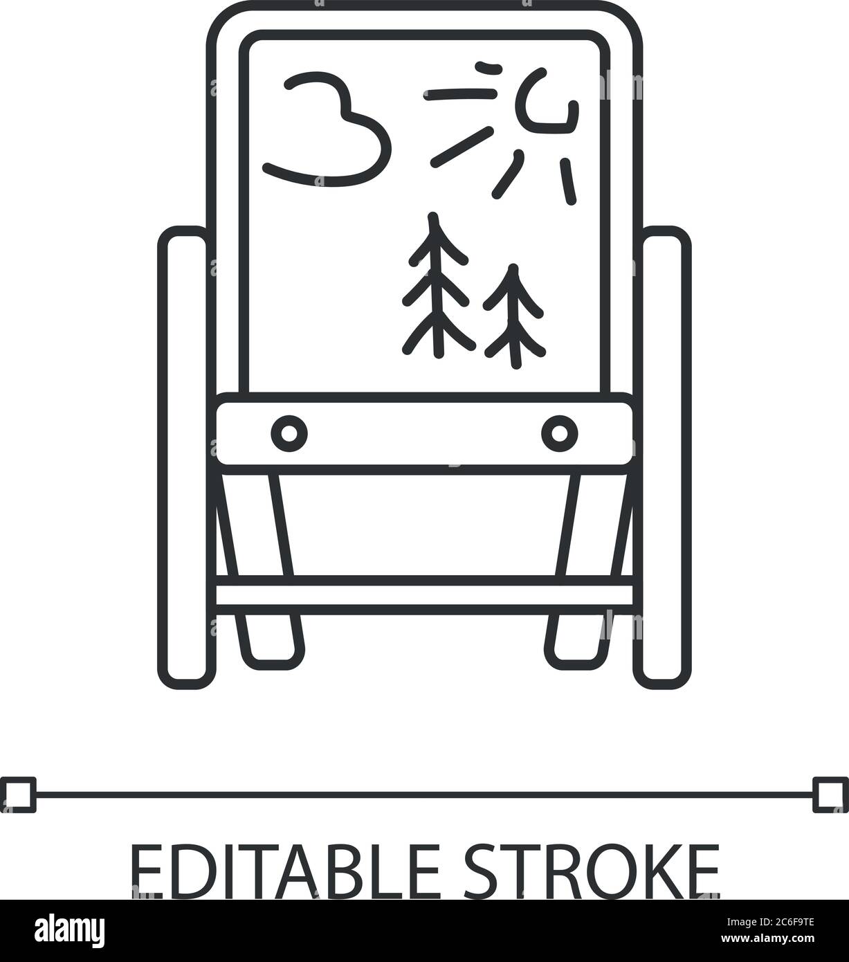 Drawing easel pixel perfect linear icon. Folding tripod stand with ...