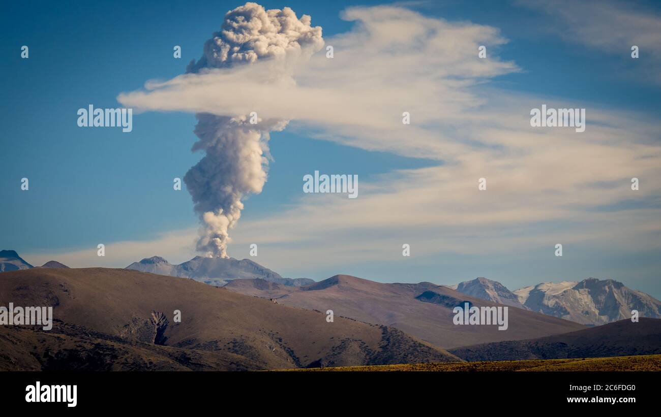 eruption of the active volcano sabancaya in peru with ash plume in the ...