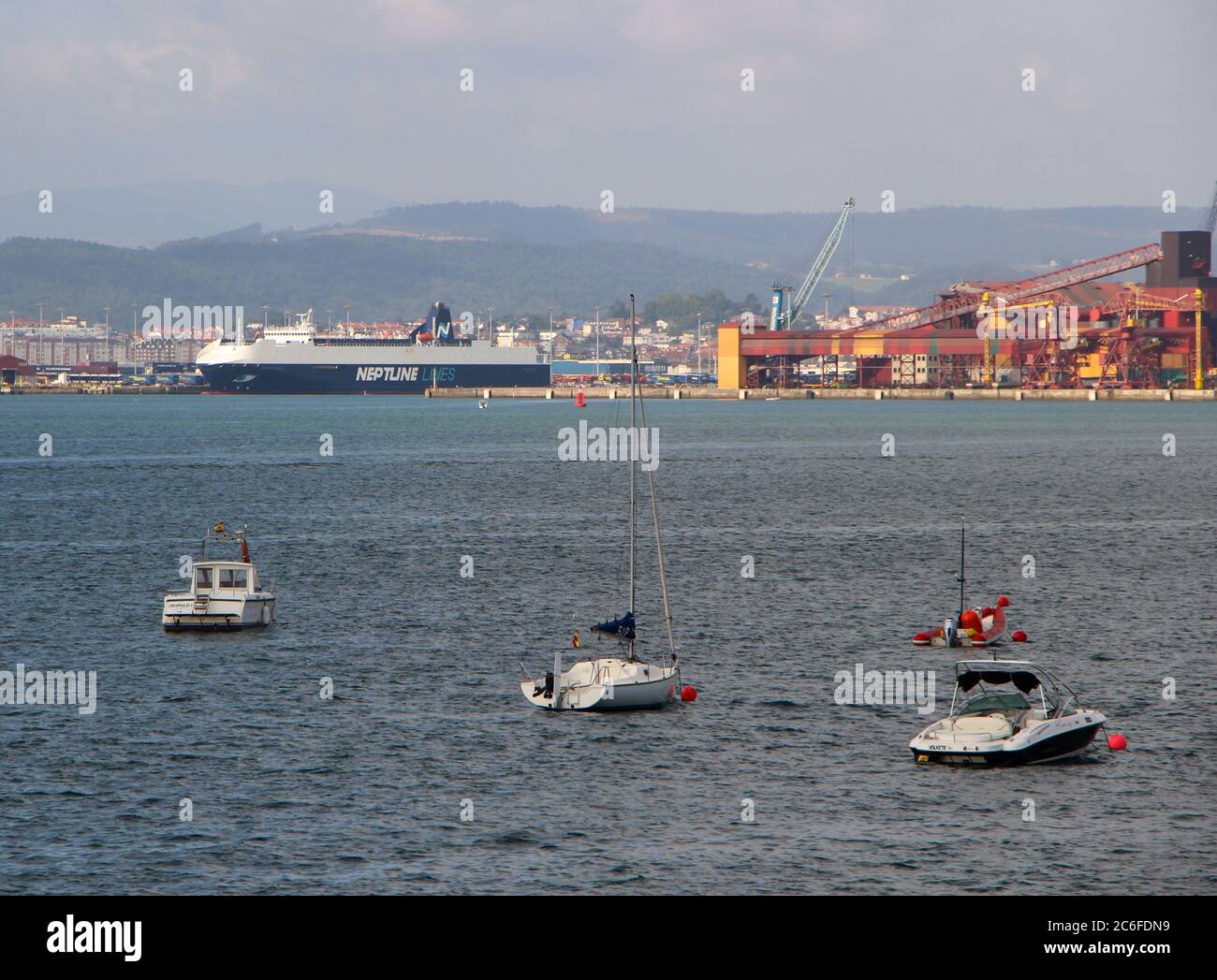 A yacht and small boats moored in the bay of Santander Cantabria Spain ...