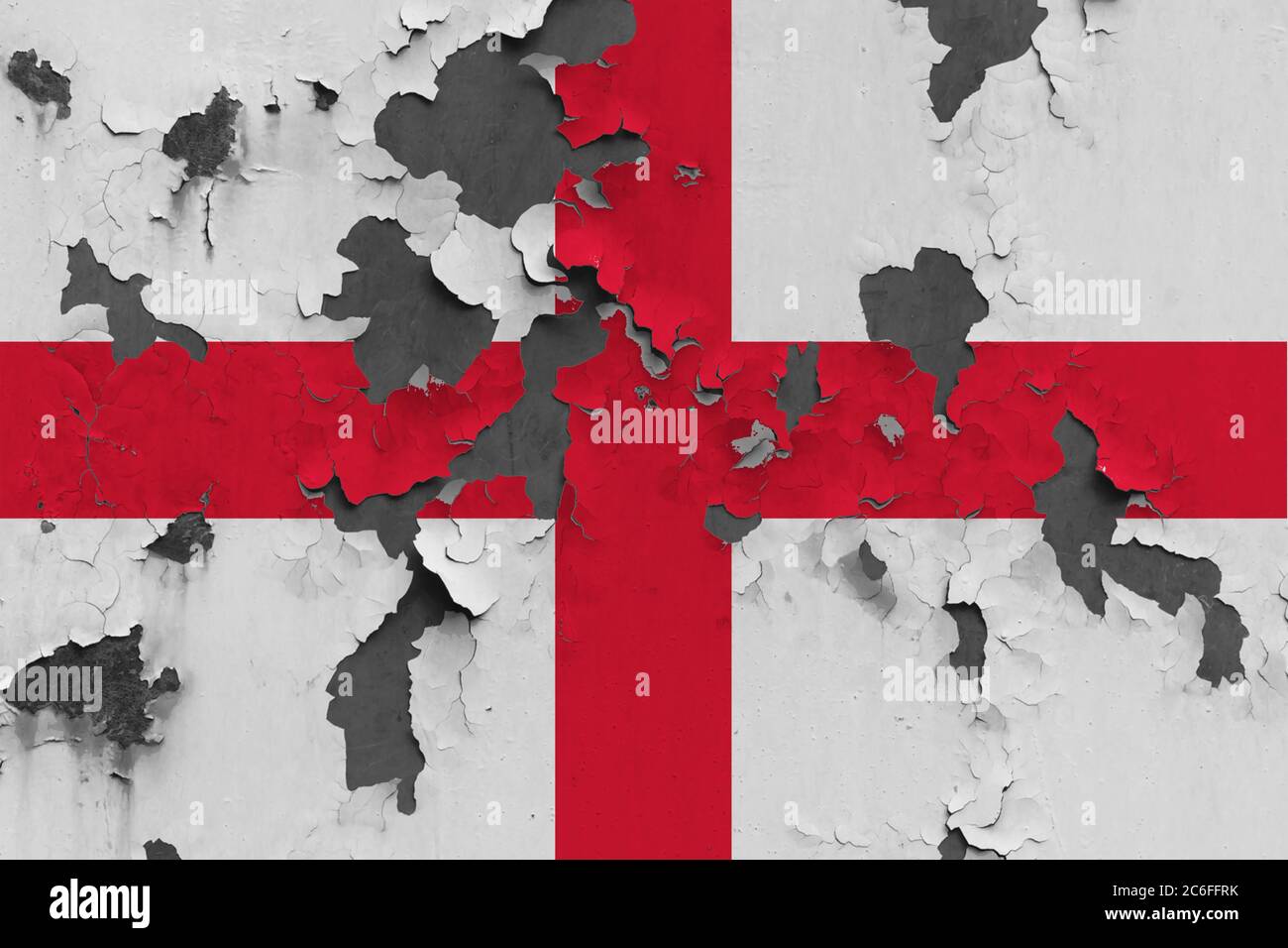 England flag close up painted, damaged and dirty on wall peeling off ...