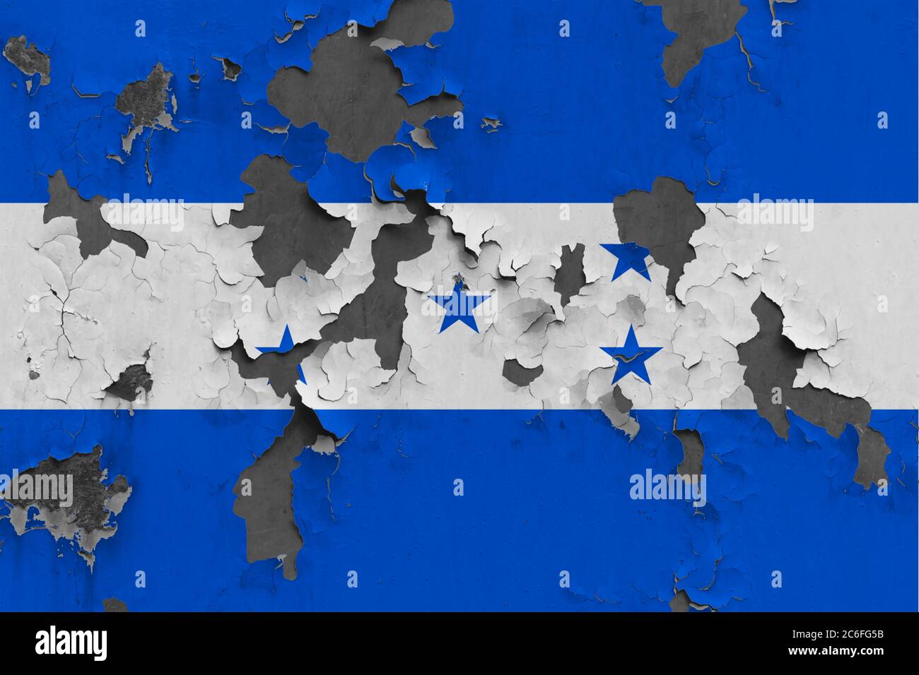 Honduras flag close up painted, damaged and dirty on wall peeling off ...