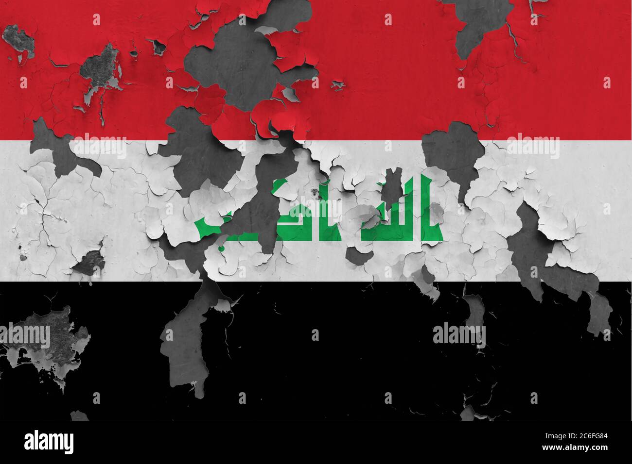 Iraq flag close up painted, damaged and dirty on wall peeling off paint ...