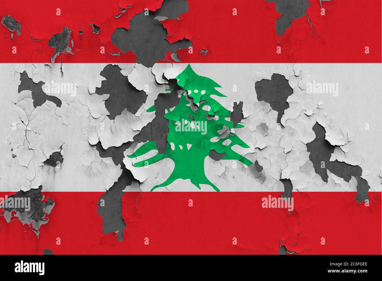 Lebanon flag close up painted, damaged and dirty on wall peeling off ...