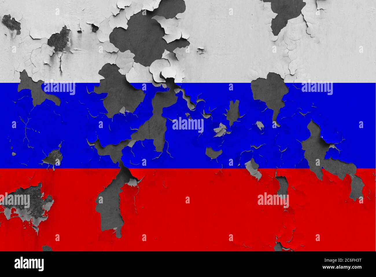 Russia flag close up painted, damaged and dirty on wall peeling off ...