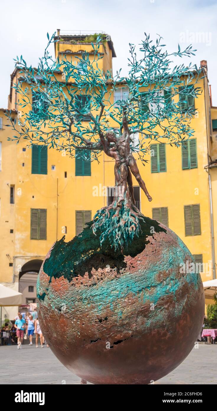 Lucca, Italy - August 14, 2019: Bronze sculpture of the Tree of Life by ...