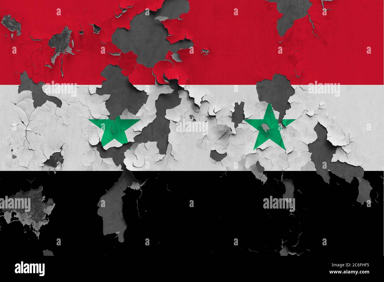 Syria flag close up painted, damaged and dirty on wall peeling off ...