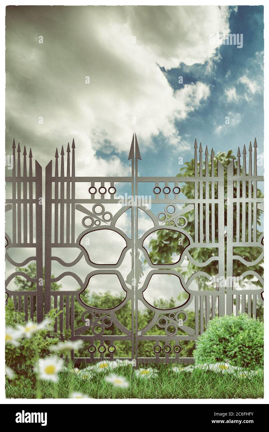 the old rabbit metal gate 3d illustration Stock Photo - Alamy