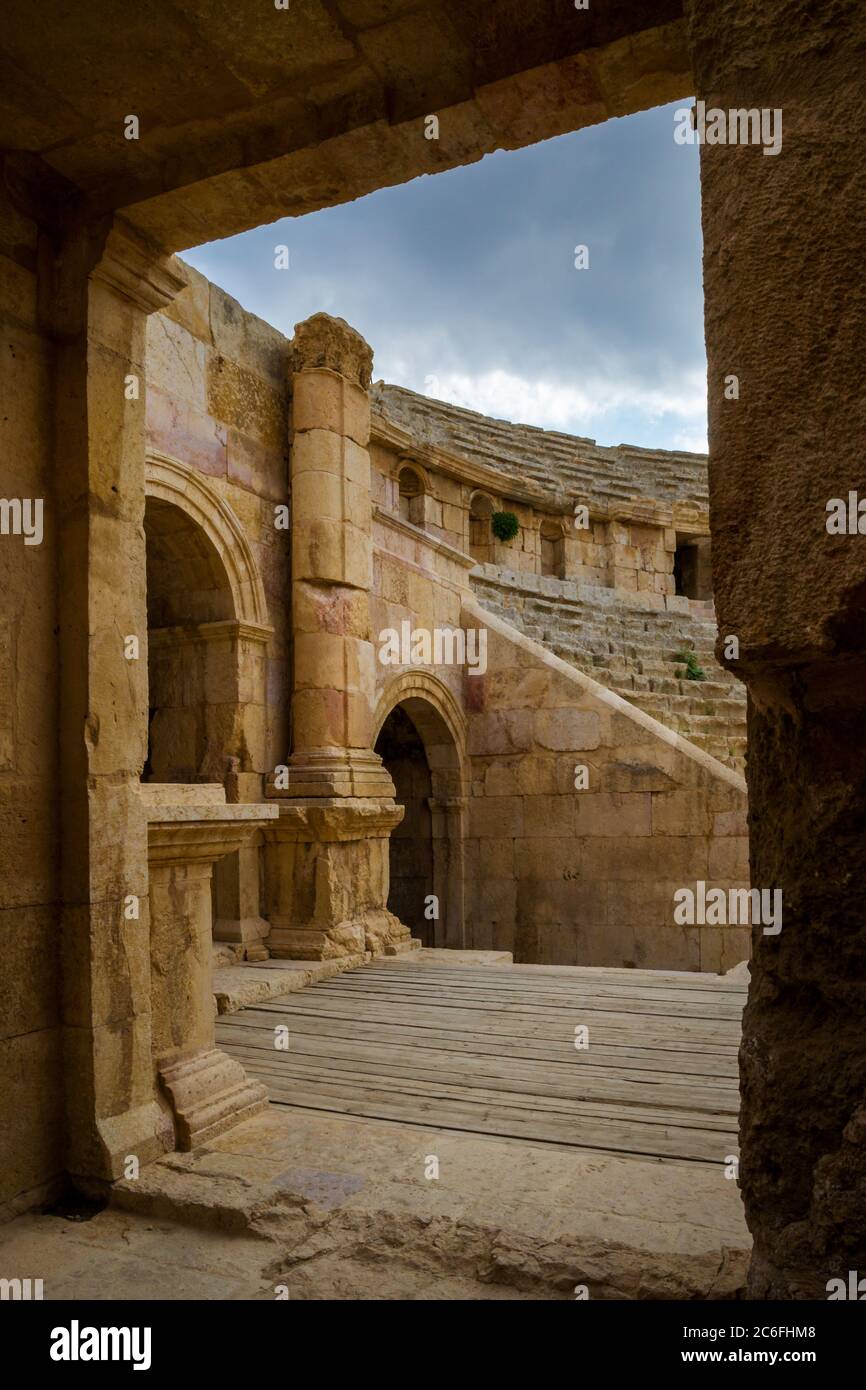 The entrance gate to an ancient amphitheater in the ruins of Roman ...