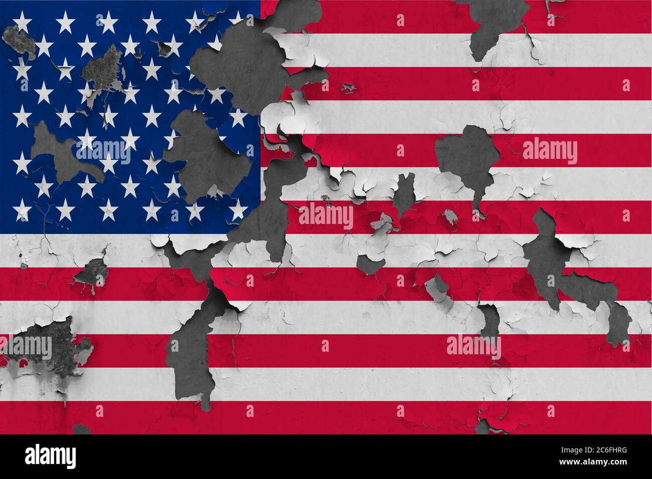 United States flag close up painted, damaged and dirty on wall peeling ...