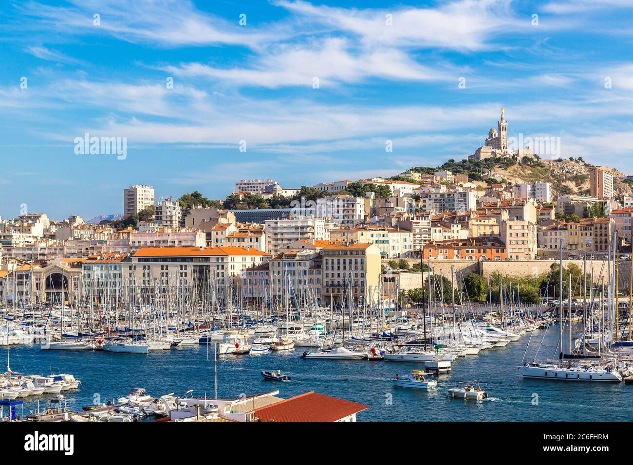 Aerial panoramic view on basilica of Notre Dame de la Garde and old ...