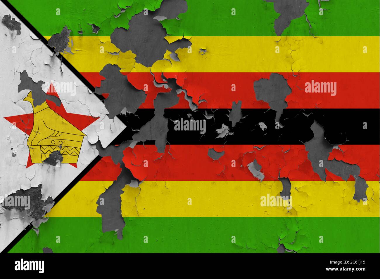 Zimbabwe flag close up painted, damaged and dirty on wall peeling off ...