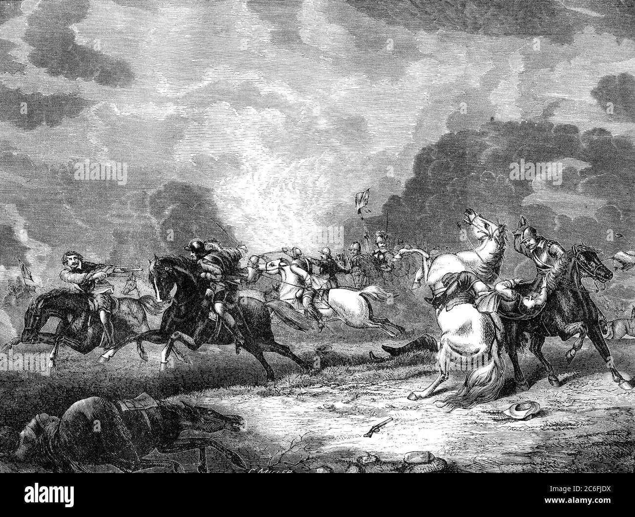 An engraved illustration image of the Battle of Naseby during the ...