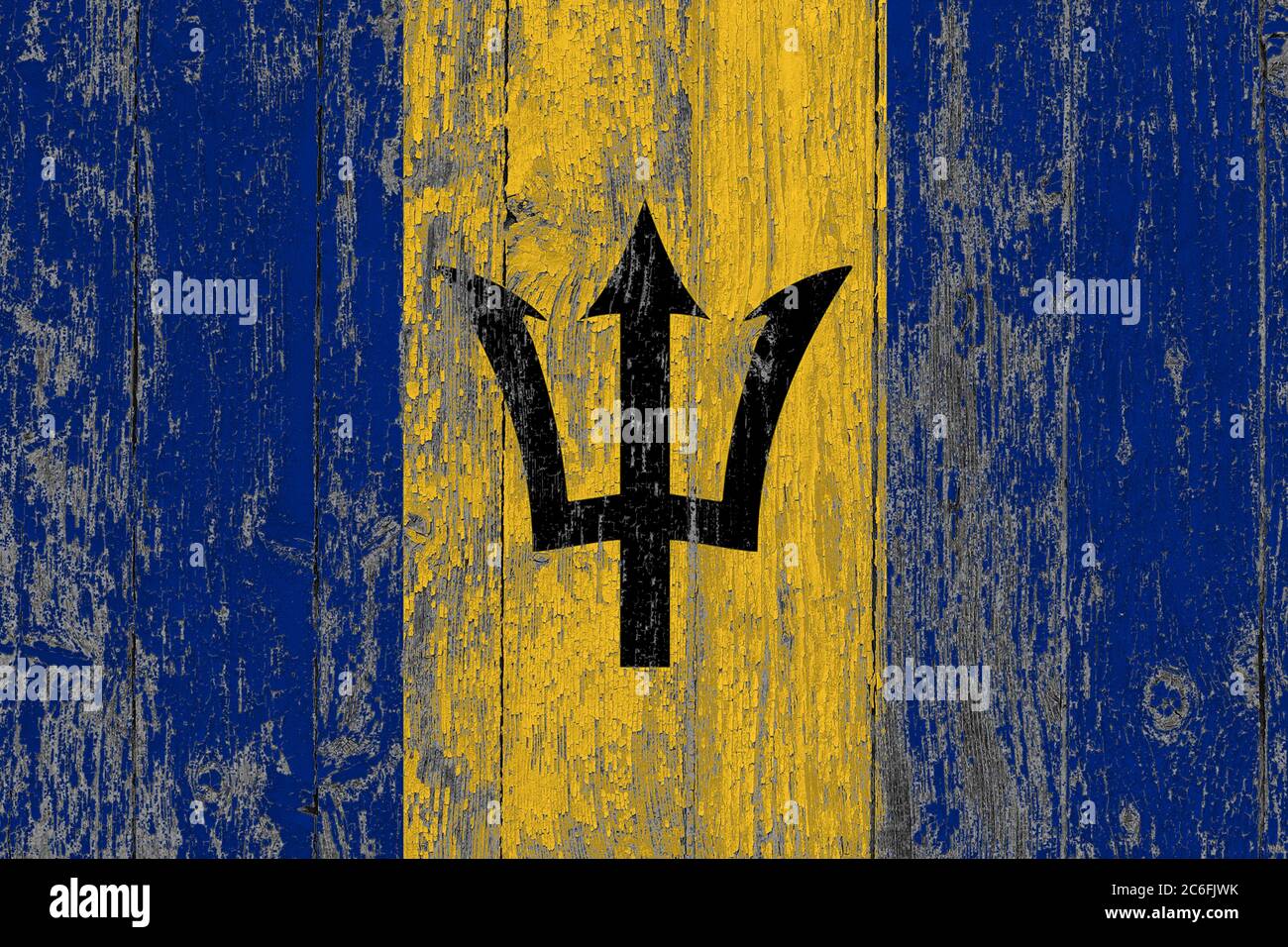 Barbados flag on grunge scratched wooden surface. National vintage ...