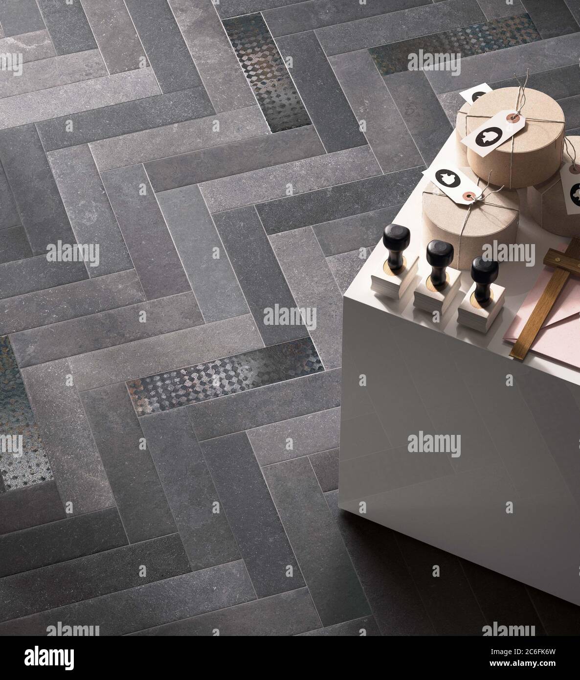 Modern room with grey tiles, top view, seamless design, luxurious ...