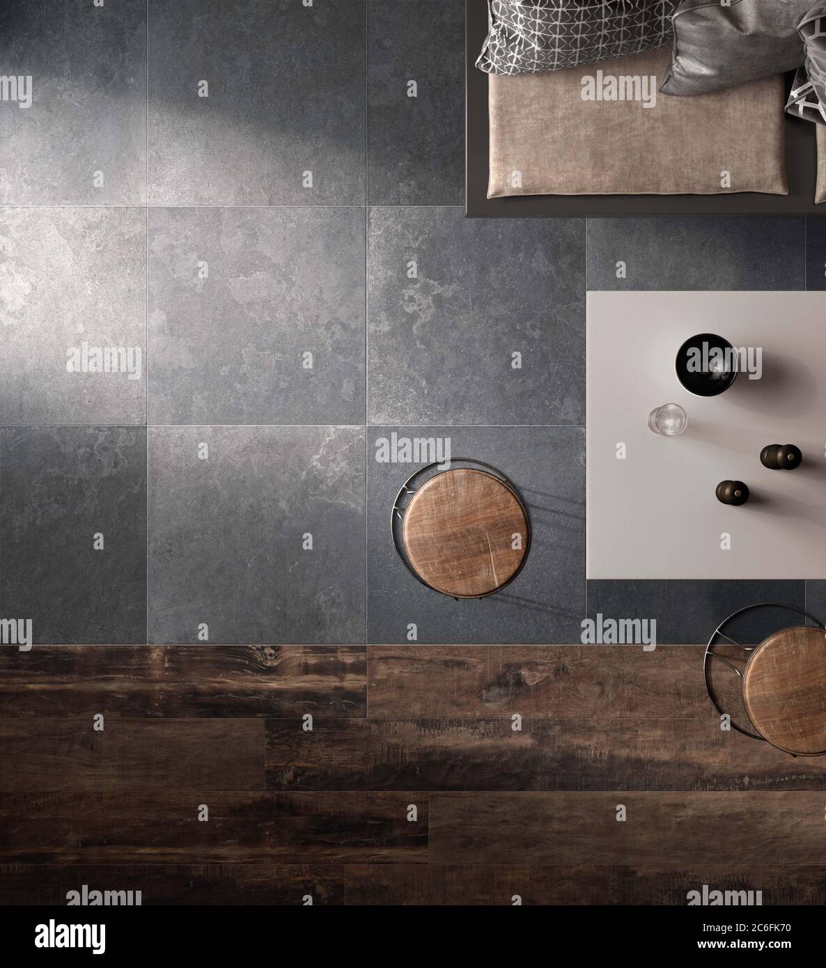 Modern room with grey tiles, top view, interior background Stock Photo ...