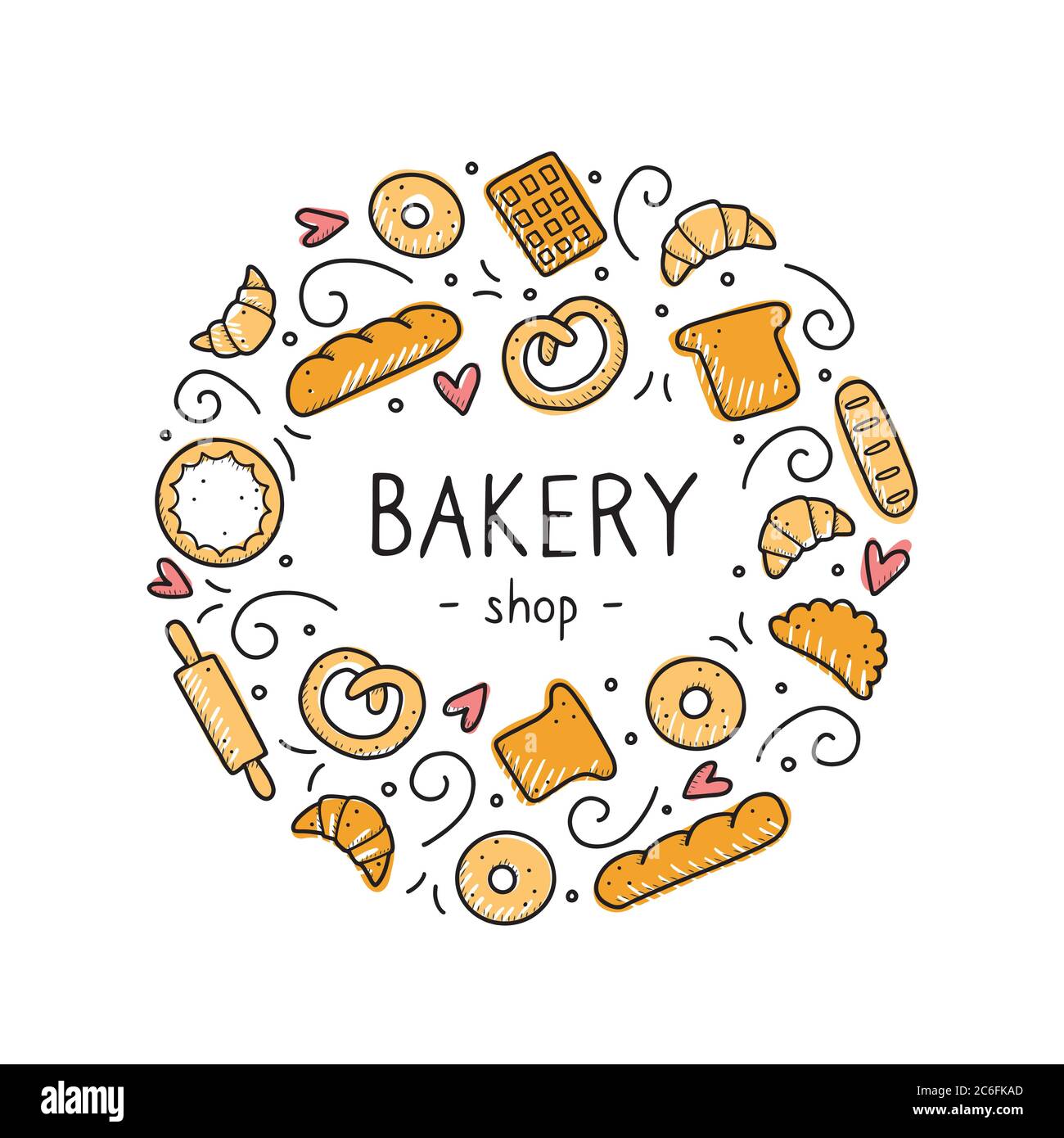 Hand drawn set of bakery and baking elements, bread, pastry, croissant, cake, donut. Doodle ...