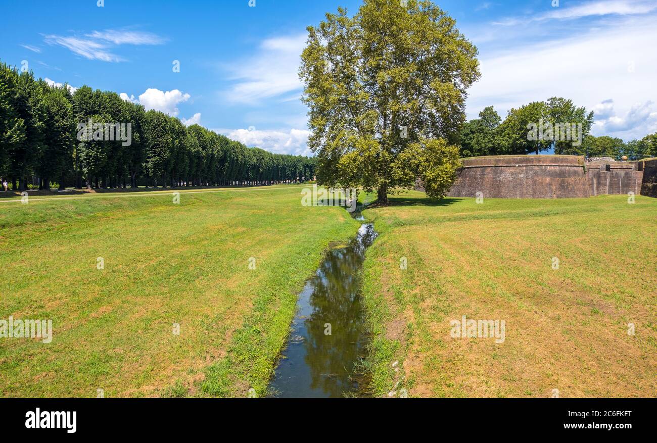 Medieval fortress wall and city park in the Italian town of Lucca ...
