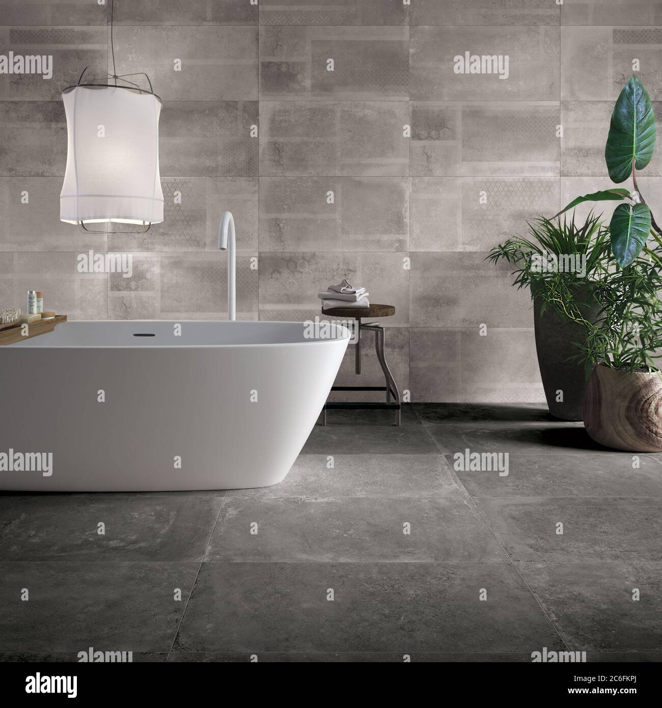 Modern interior design of bathroom with cement gray tiles, seamless ...