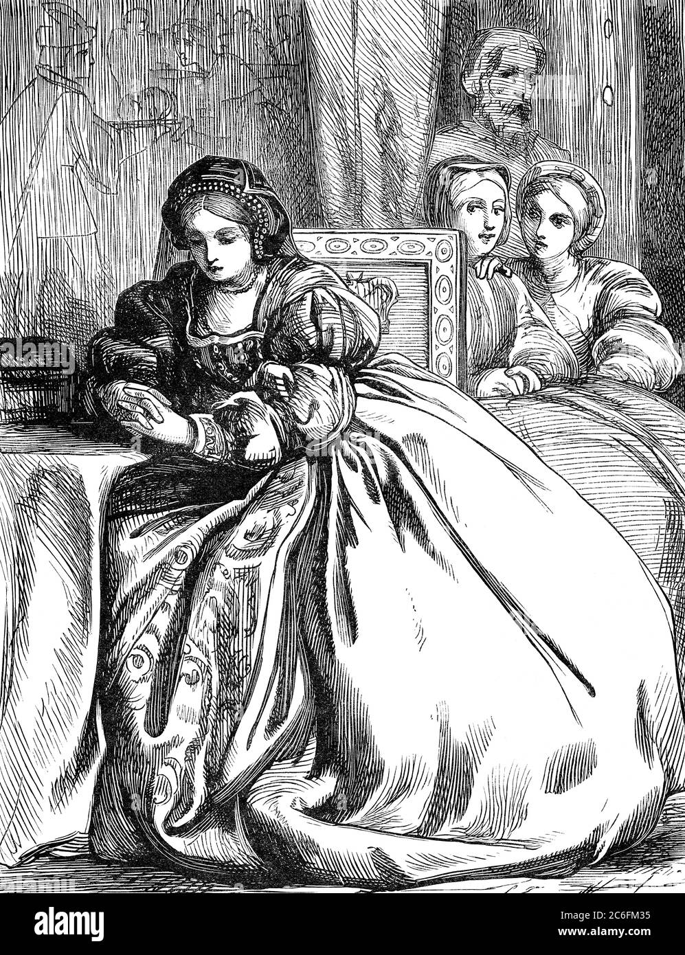 An engraved vintage illustration image of Anne Boleyn, queen of England ...