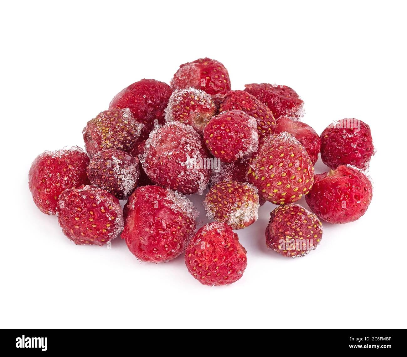Frozen strawberry crop for long-term storage on a white background ...
