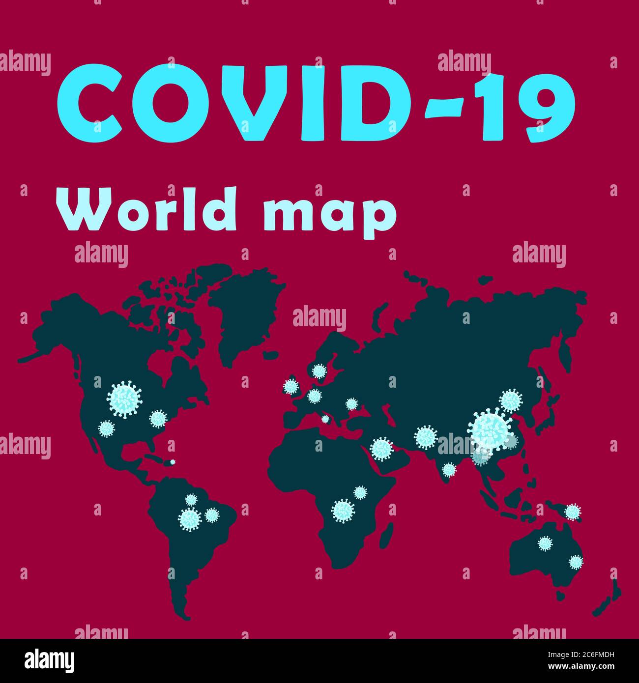 COVID-19 text on burgundy backdrop. World map with virus icons for ...