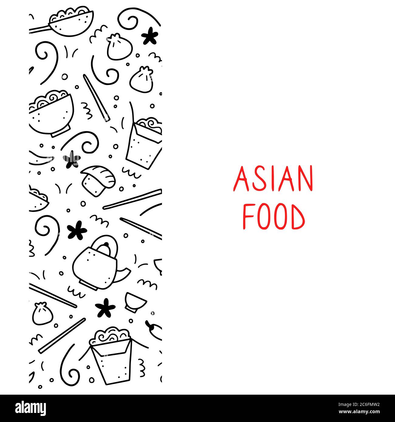Hand drawn set of Asian food elements, wok, ramen, noodle, soy. Doodle ...