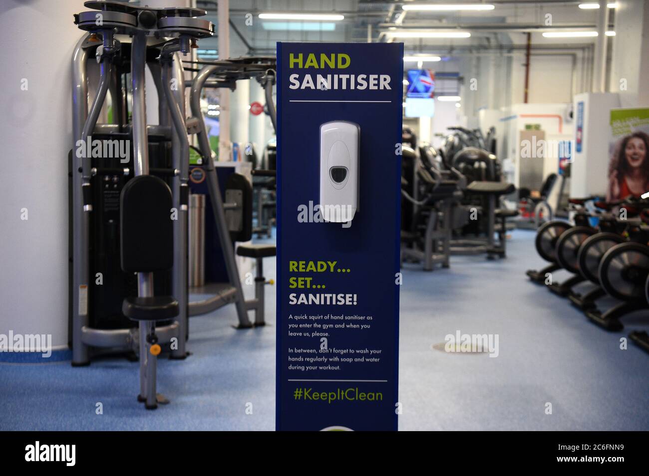 A hand sanitiser station inside the Gym Group in Vauxhall, London ...